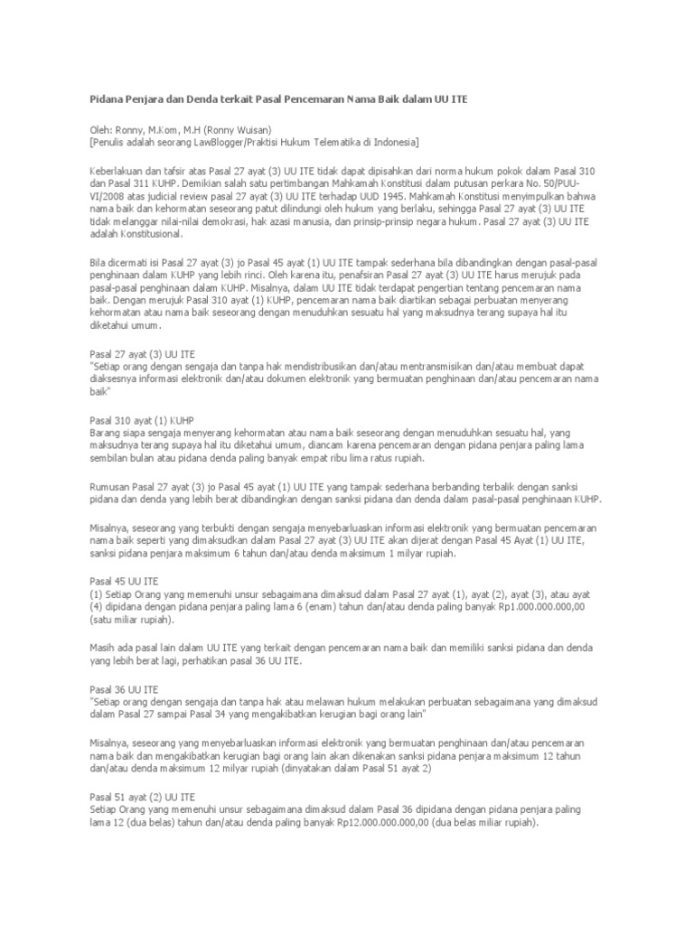 Pidana Penjara Dan Denda Terkait Pasal Pencemaran Nama Baik Dalam UU ITE | PDF