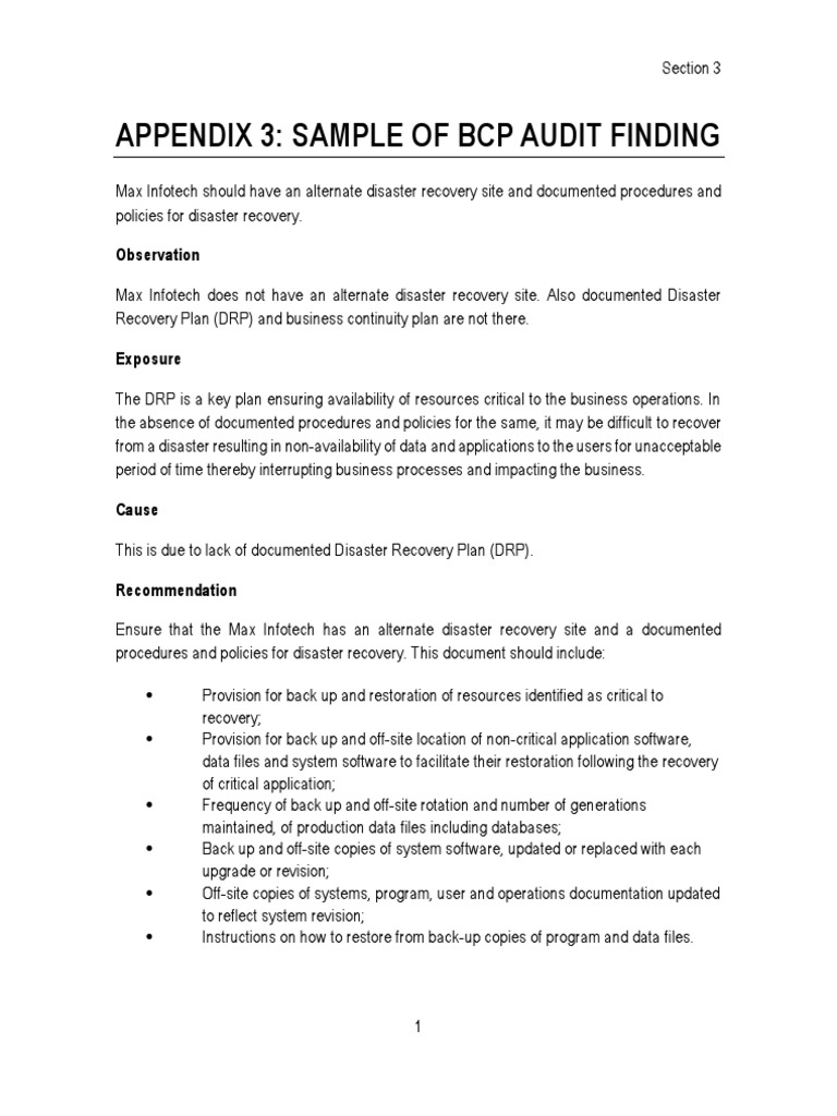 Appendix 3: Sample of BCP Audit Finding: Observation | PDF | Business