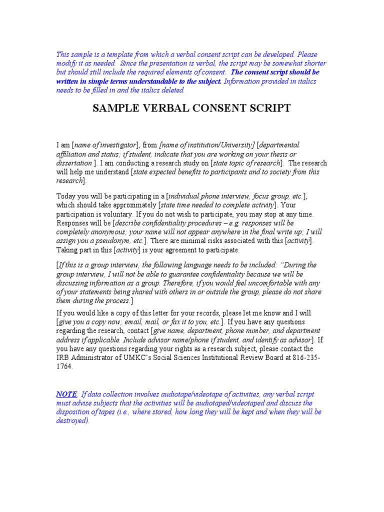 Sample Consent Verbal Script | PDF | Consent | Institutional Review Board