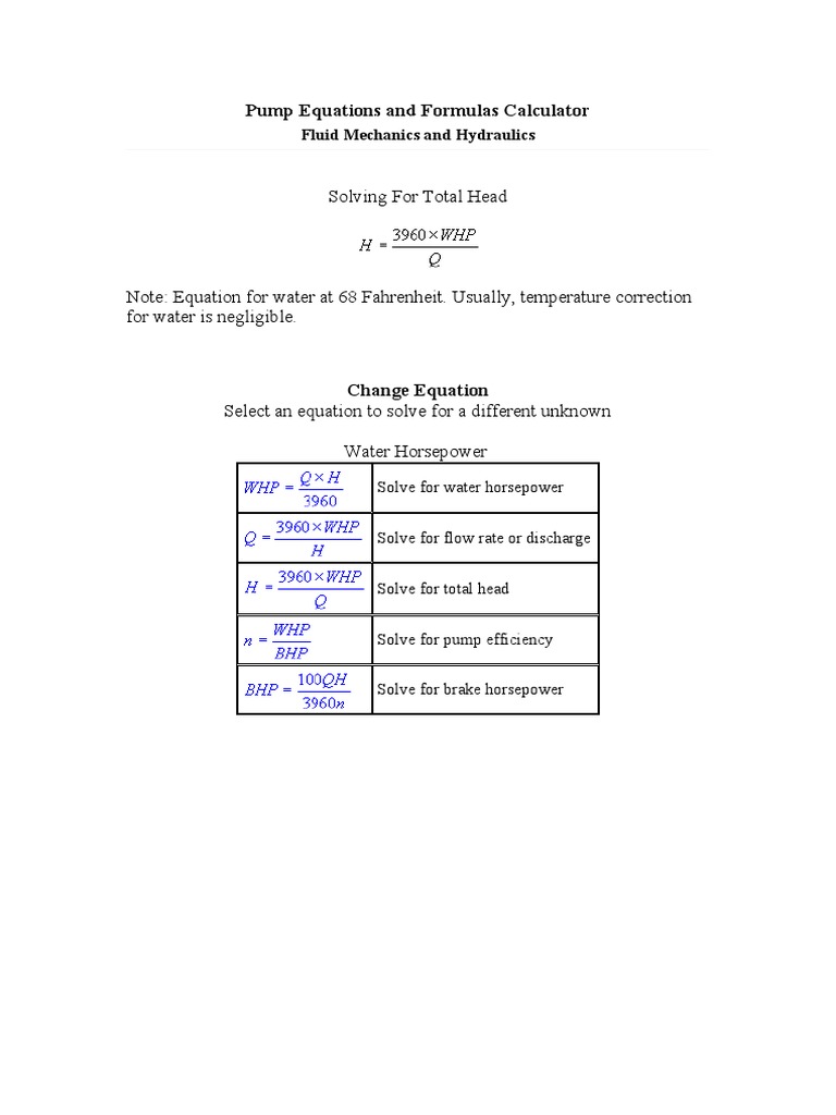 Pump Equations and Total Head Calculations | PDF | Pressure | Horsepower