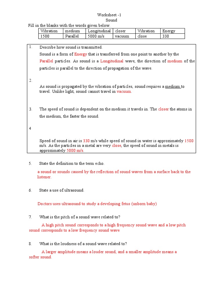 Sound Worksheet 1 | PDF | Sound | Transmission Medium