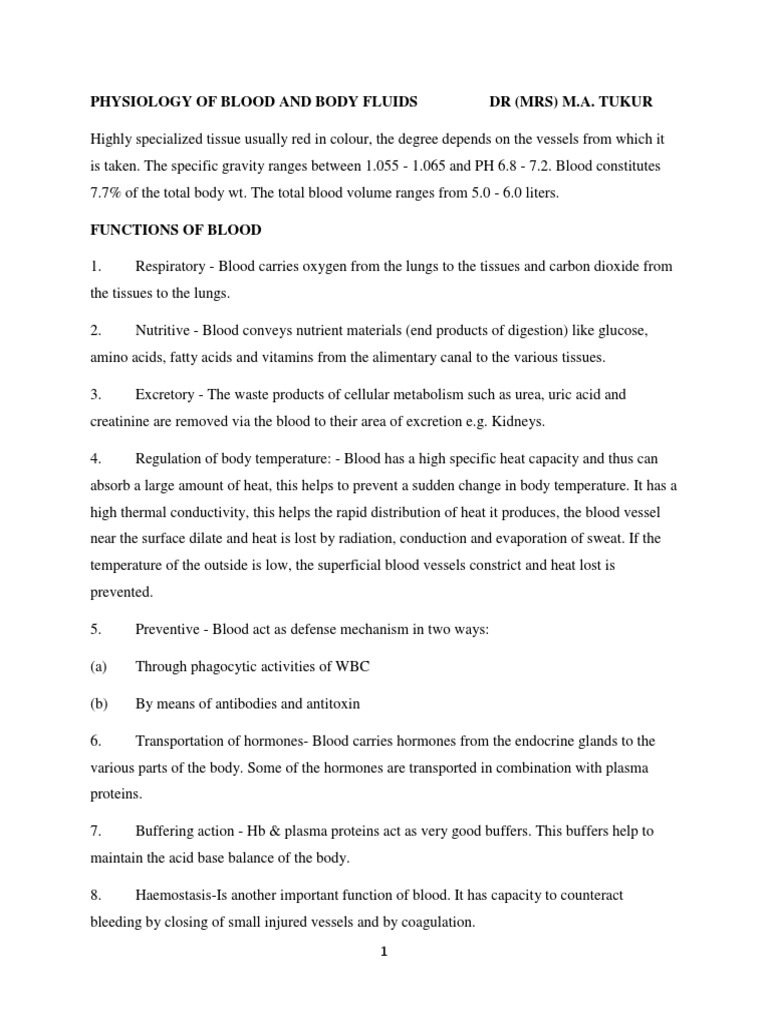 Physiology of Blood and Body Fluids Mbbsii Bdsii Lecture Note 2019-2020 ...