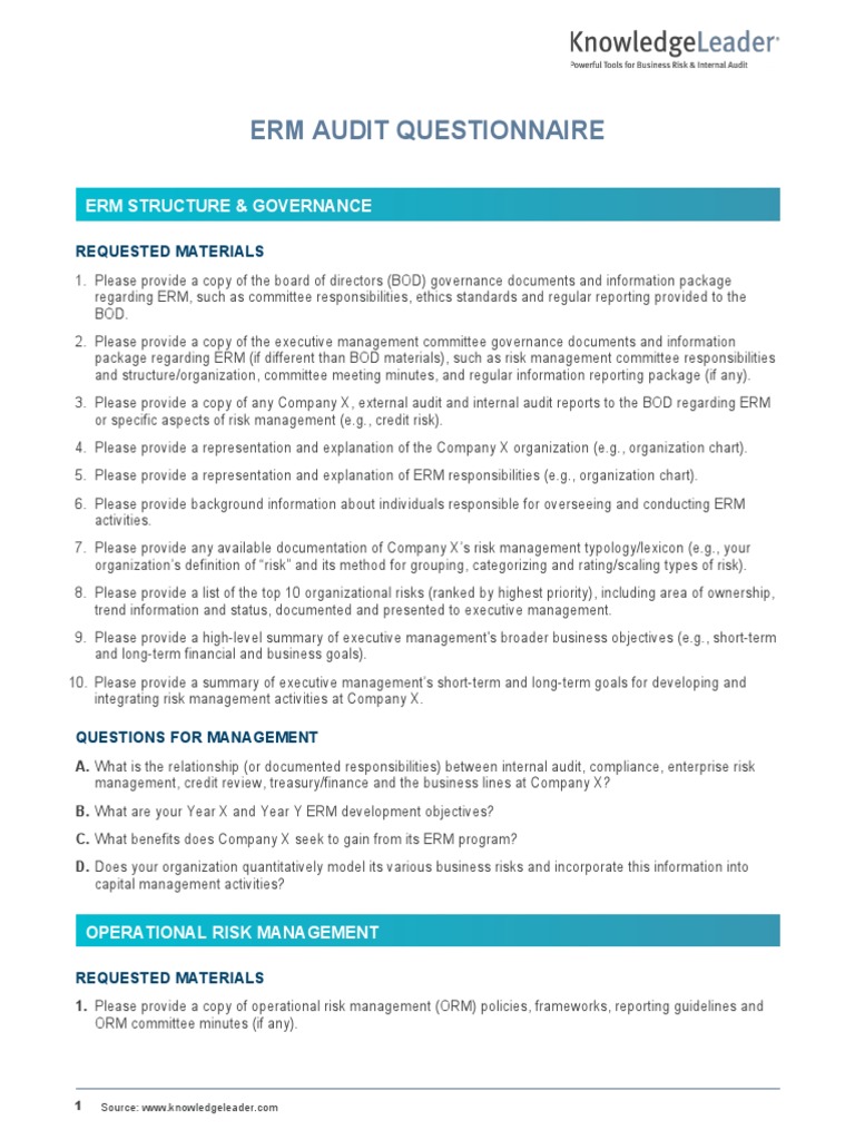 ERM Audit Questionnaire | PDF | Credit Risk | Risk Management