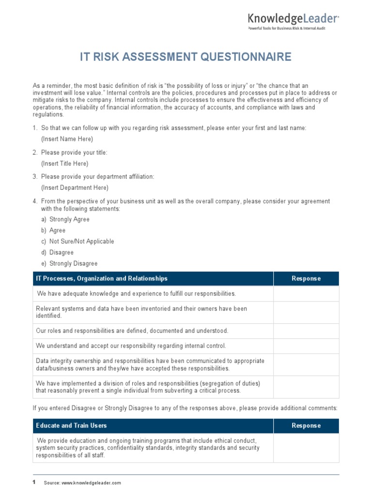 IT Risk Assessment Questionnaire Guide | PDF | Internal Control ...