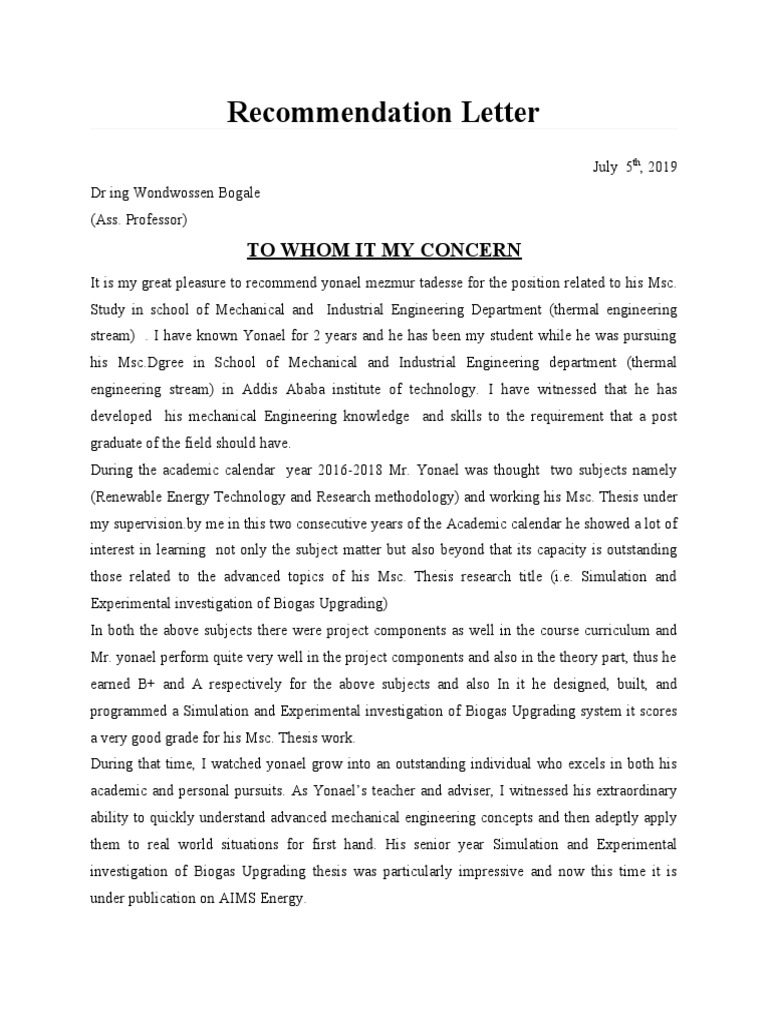 Letter of Recommendation Sample For Student | PDF | Master Of Science ...