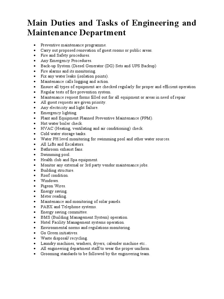 Hotel Engineering and Maintenance Overview | PDF | Engineering | Inventory