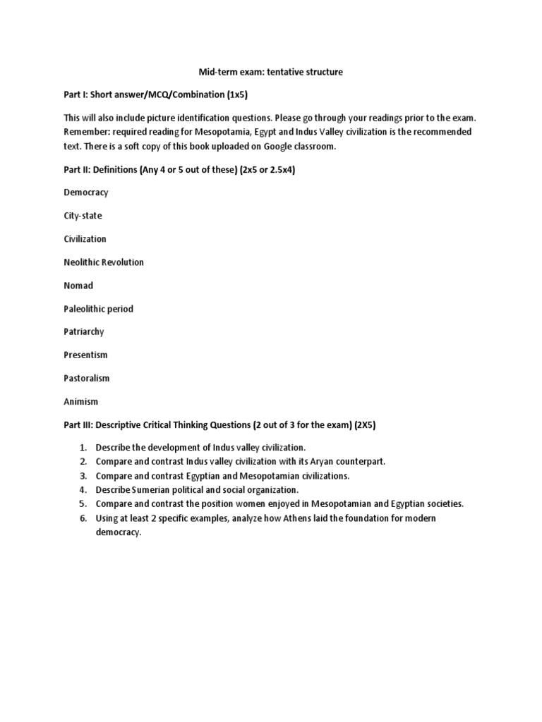 Mid-Term Exam: Tentative Structure Part I: Short answer/MCQ/Combination ...