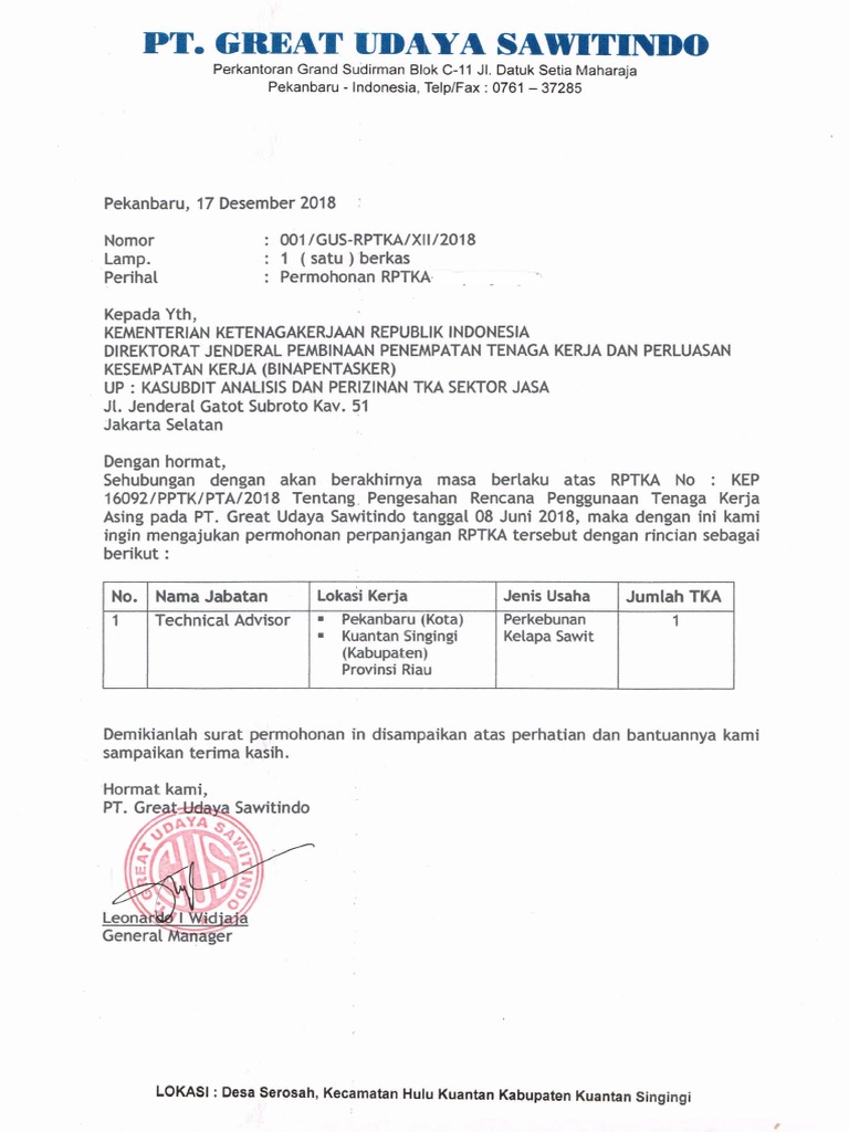 Surat Permohonan RPTKA | PDF