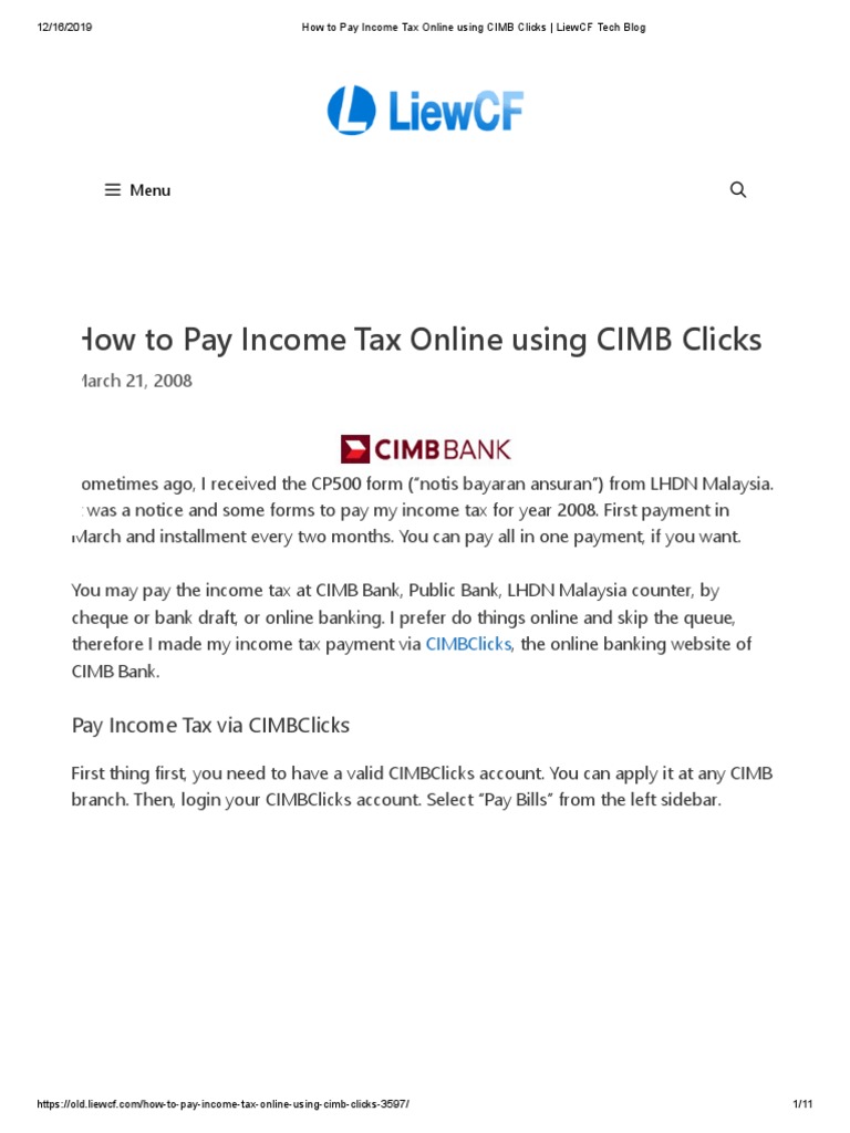 How To Pay Income Tax Online Using CIMB Clicks - LiewCF Tech Blog | PDF ...
