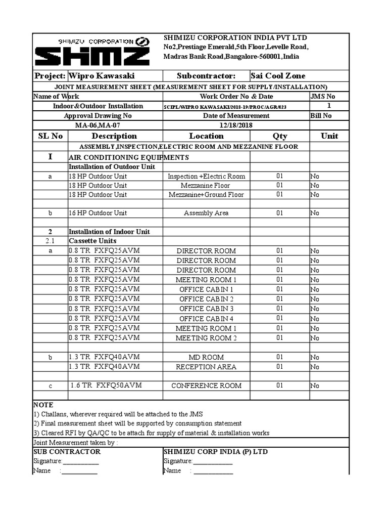 Project: Wipro Kawasaki Subcontractor: Sai Cool Zone: Joint Measurement ...