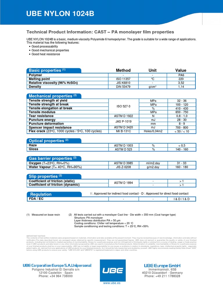 TDS UBE NYLON 1024B, Cast | PDF | Strength Of Materials | Polymers