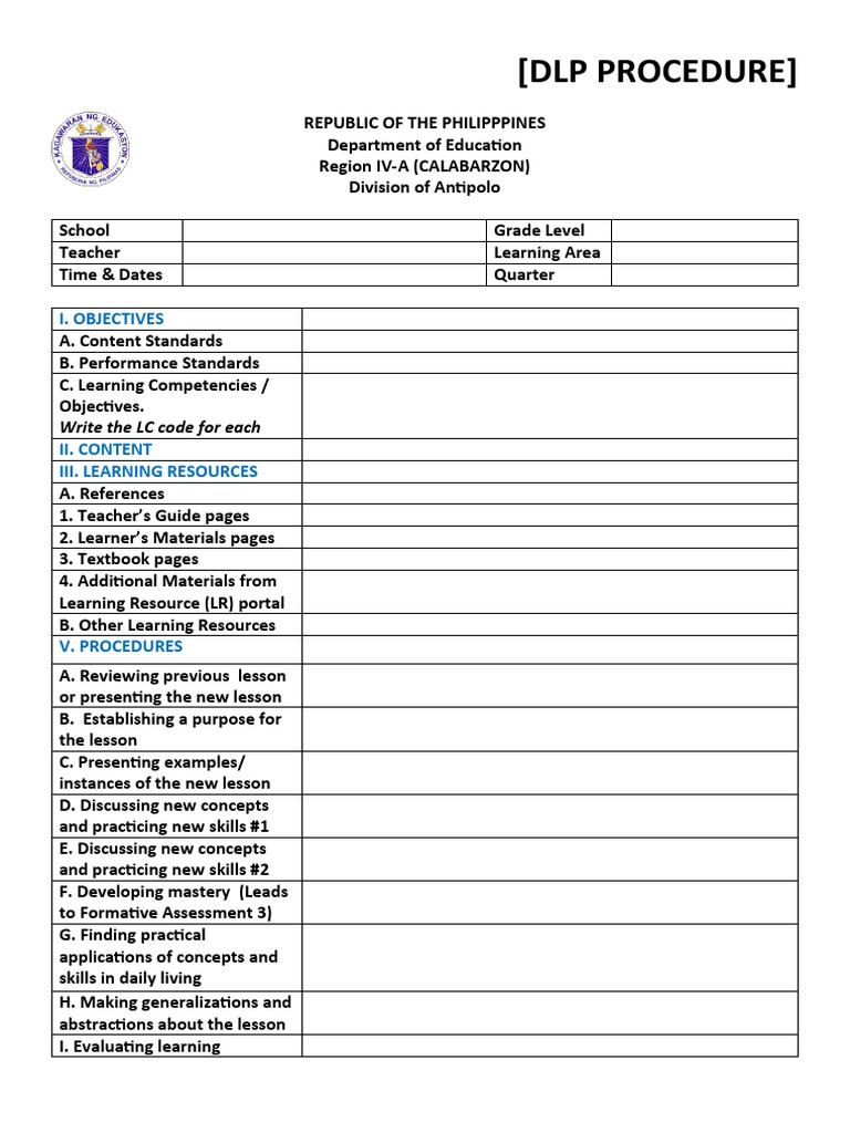 (DLP Procedure) : I. Objectives | PDF | Educational Assessment | Learning