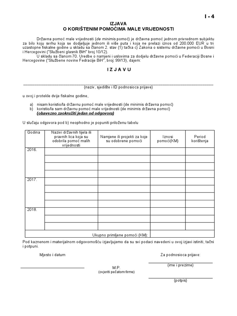 Izjava o Korištenim Potporama Male Vrijednosti I 4 5 | PDF