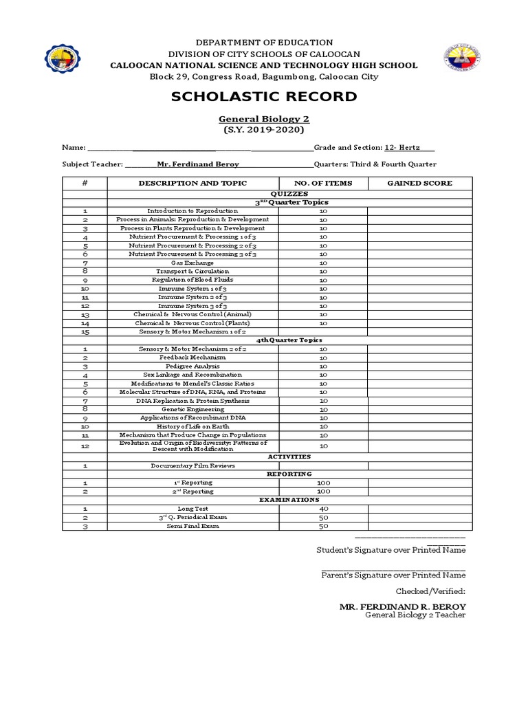 Scholastic Record: Caloocan National Science and Technology High School ...