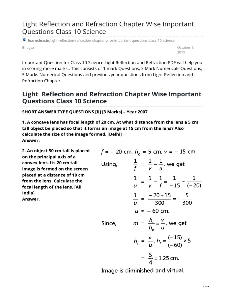 CBSE Class 10 Important Questions Light Reflection Refraction | PDF ...