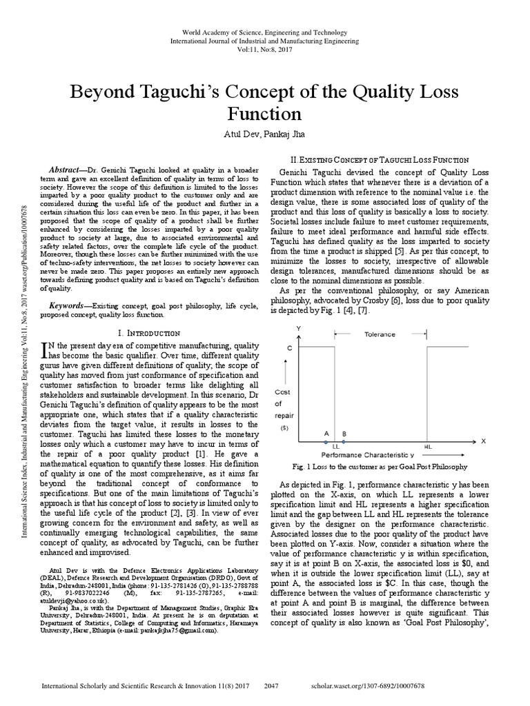 Beyond Taguchi's Concept of The Quality Loss Function: Atul Dev, Pankaj Jha | PDF | Engineering ...