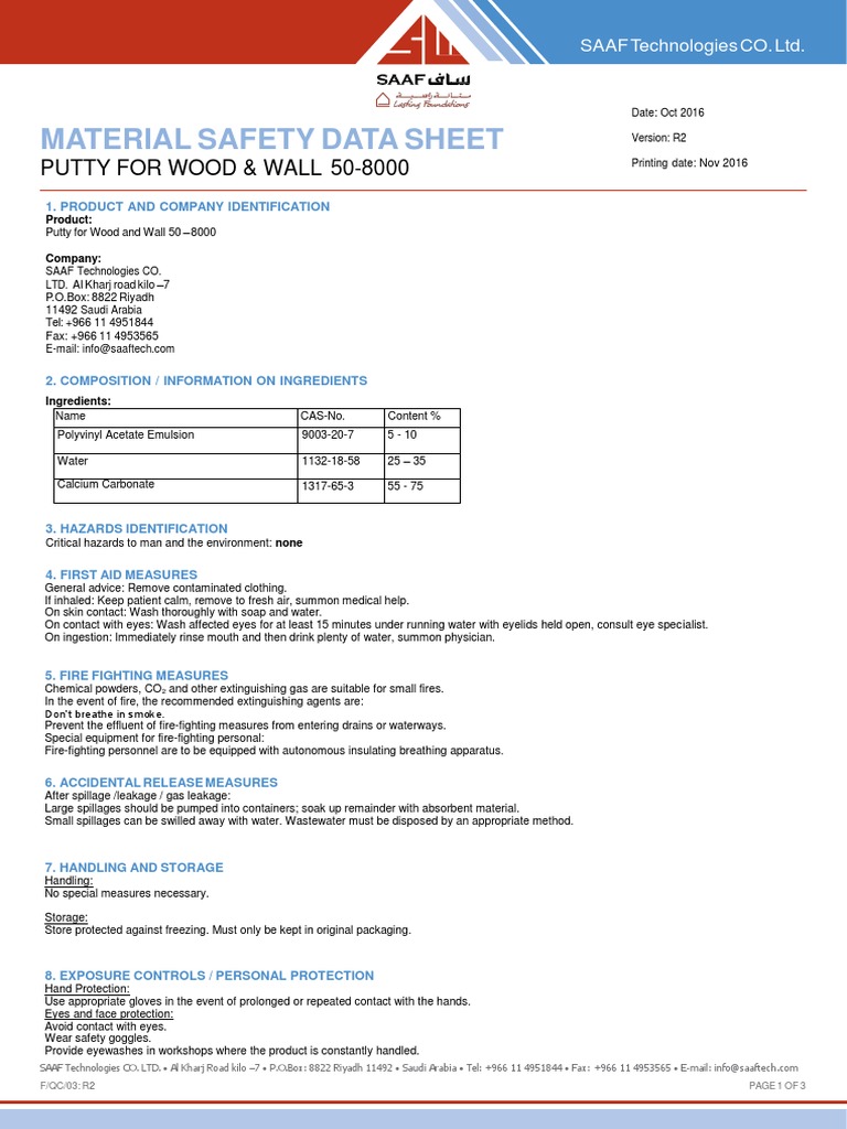Putty For Wood Wall 50 8000 MSDS PDF | PDF | Firefighting | Polyvinyl ...