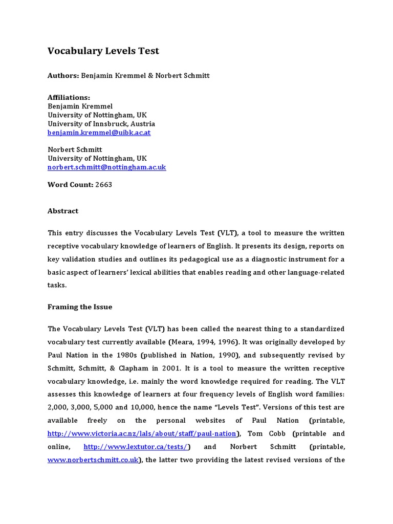 Vocabulary Levels Test: Authors: Benjamin Kremmel & Norbert Schmitt ...