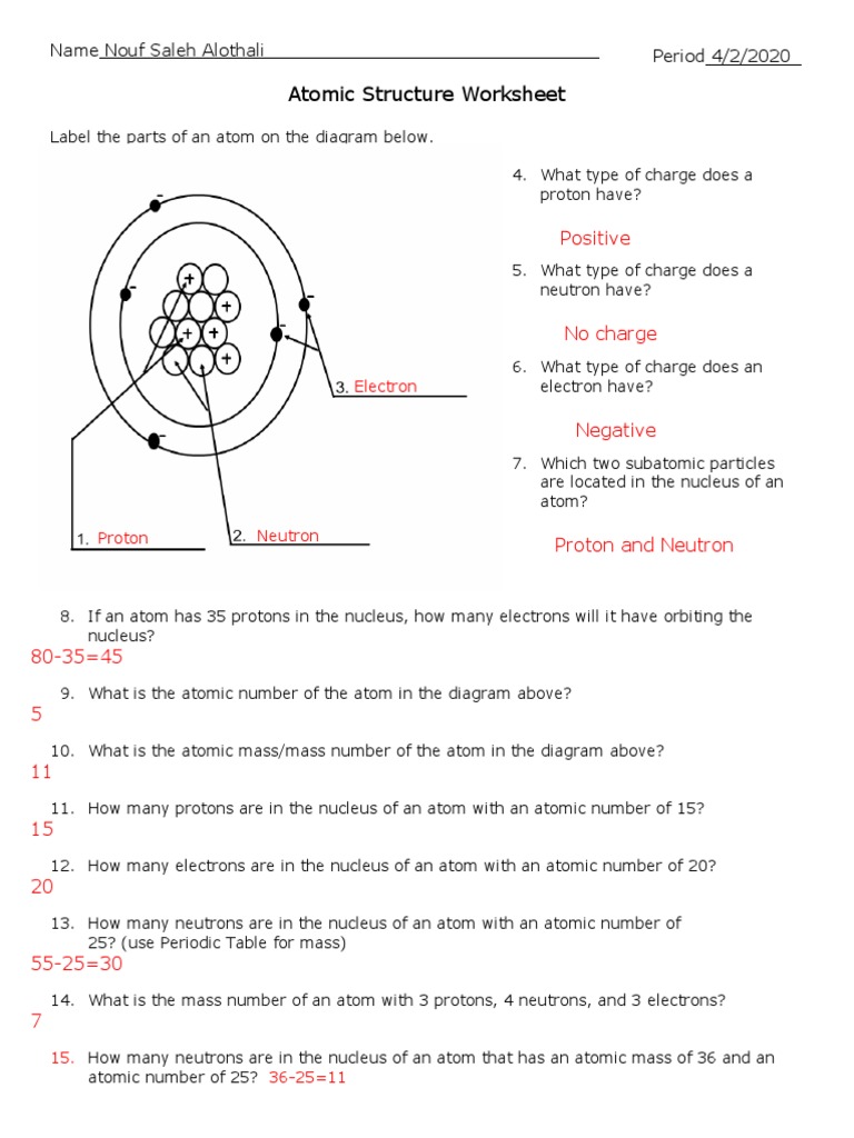 Atomic Structure Worksheet: Positive | Download Free PDF | Atoms ...