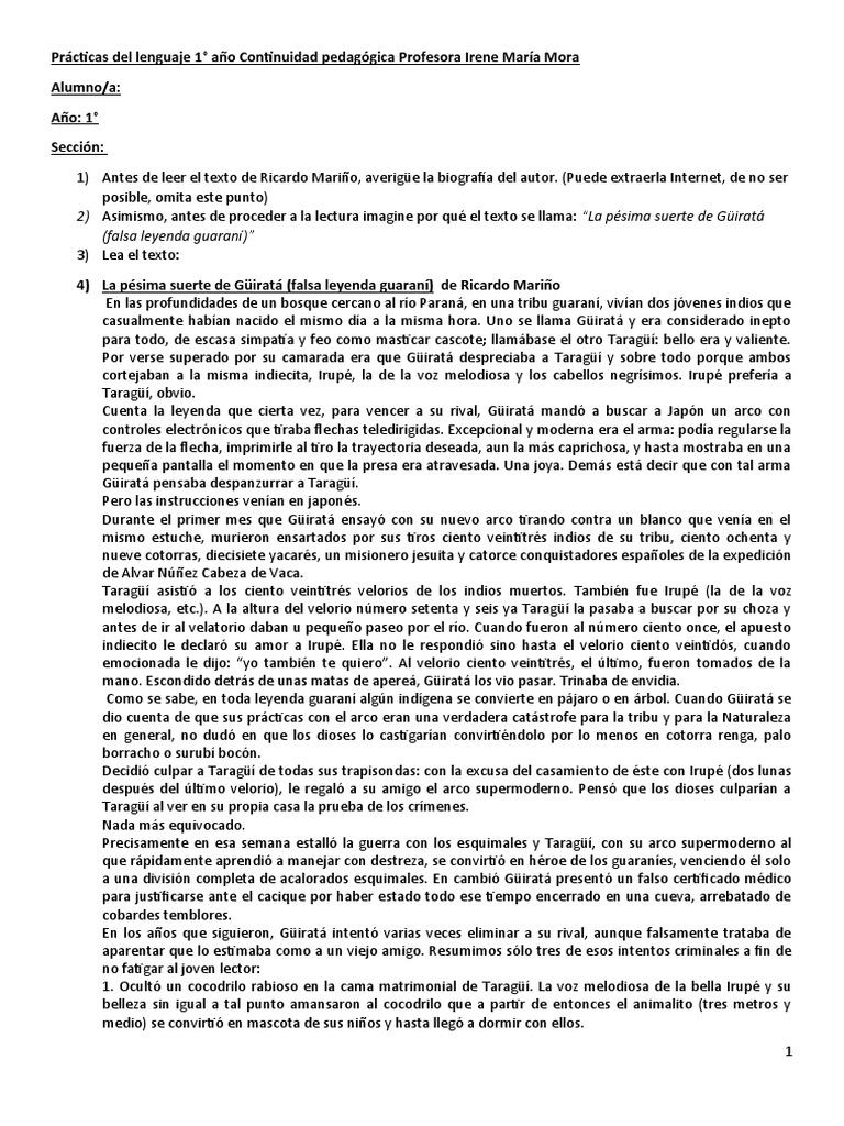Prácticas Del Lenguaje 1° Continuidad Pedagógica Profesora Irene Mora | PDF