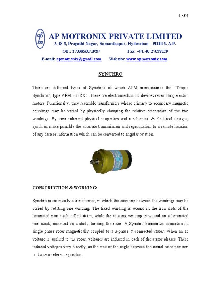 Ap Motronix Private Limited Synchro Pdf Electricity Electrical