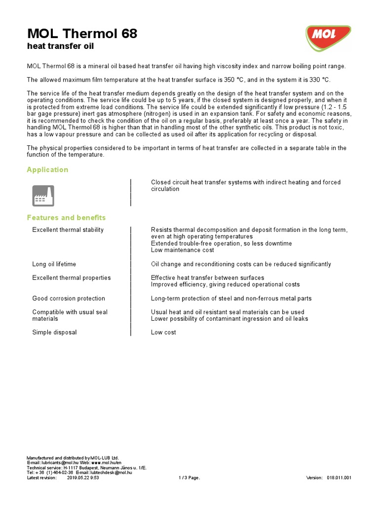 MOL Thermol 68: Heat Transfer Oil | PDF | Heat Transfer | Coolant
