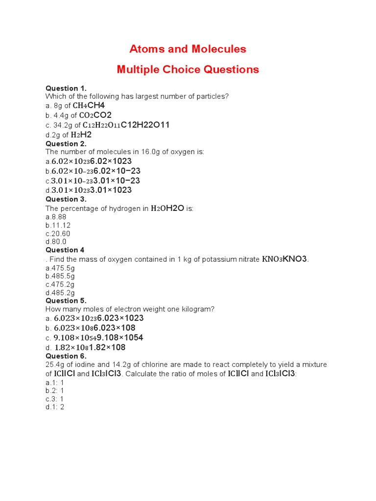 Atoms and Molecules Multiple Choice Questions Solved | PDF | Mole (Unit ...