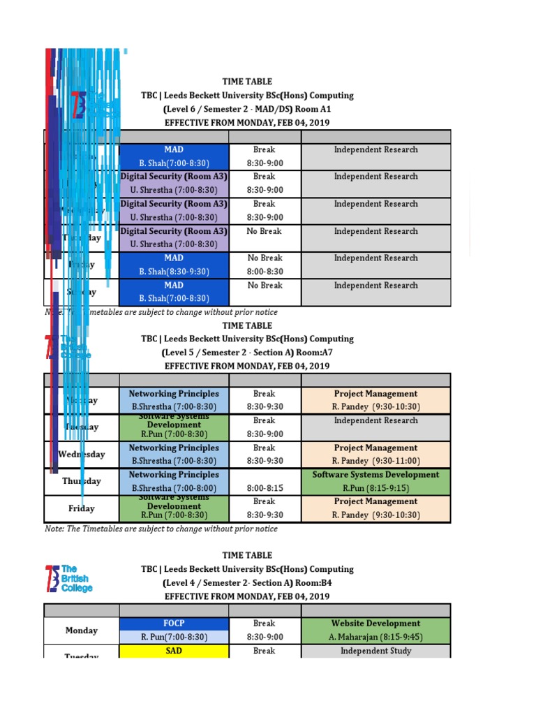 Course Timetables for Various Levels and Sections of the BSc Computing ...