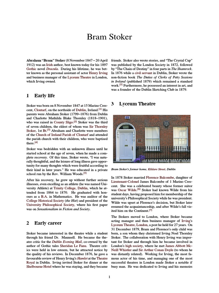 Bram Stoker: 1 Early Life 3 Lyceum Theatre | PDF | Bram Stoker