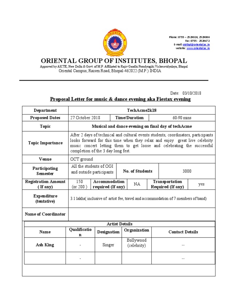 Oriental Group of Institutes, Bhopal: Proposal Letter For Music & Dance ...