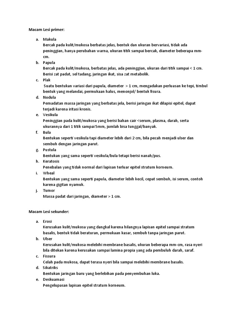Lesi Primer dan Sekunder pada Kulit dan Mukosa: Klasifikasi dan Ciri-ciri | PDF