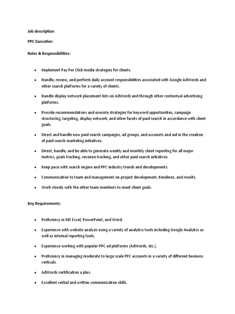 Job Description PPC Executive: Roles & Responsibilities | PDF