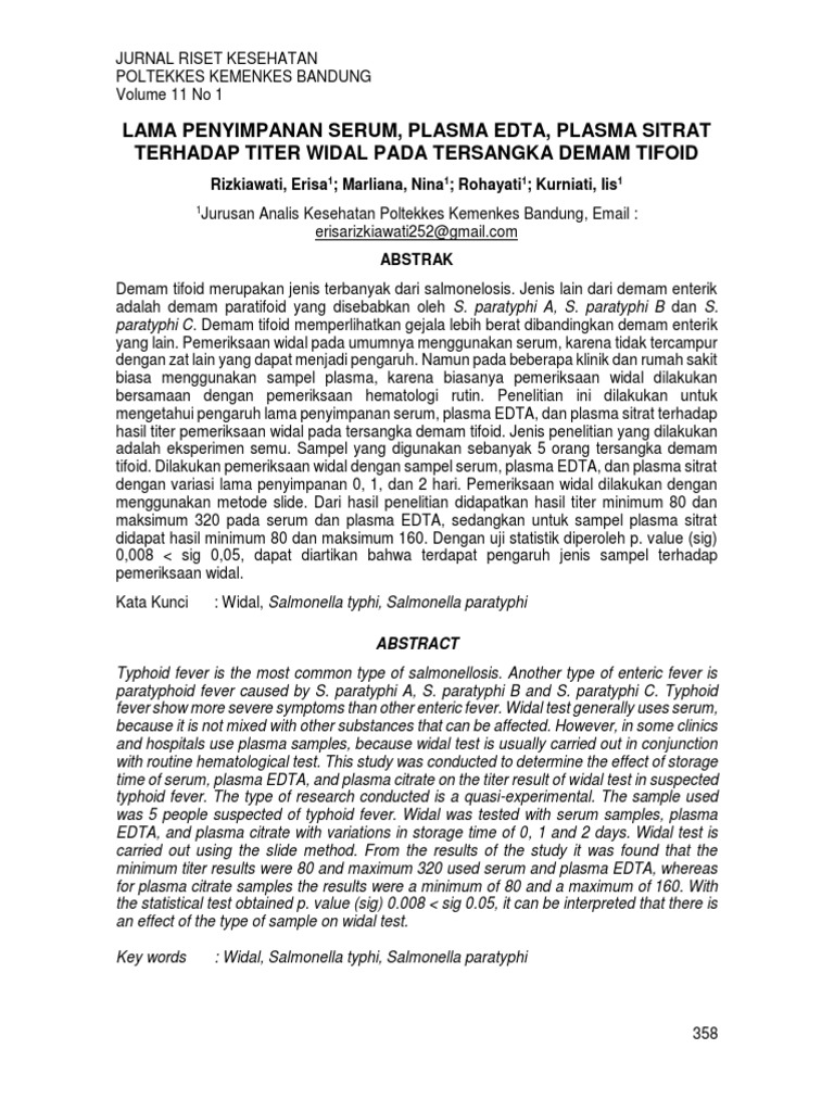 Lama Penyimpanan Serum, Plasma Edta, Plasma Sitrat Terhadap Titer Widal ...