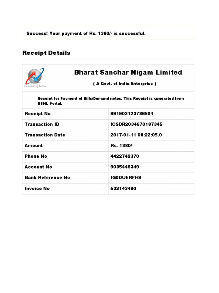Bharat Sanchar Nigam Limited: Receipt Details | PDF