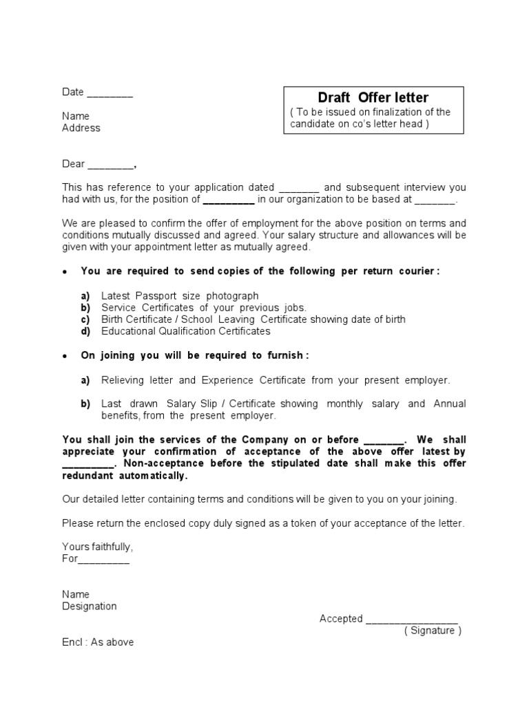 Draft Offer Letter for Employment | PDF | Law