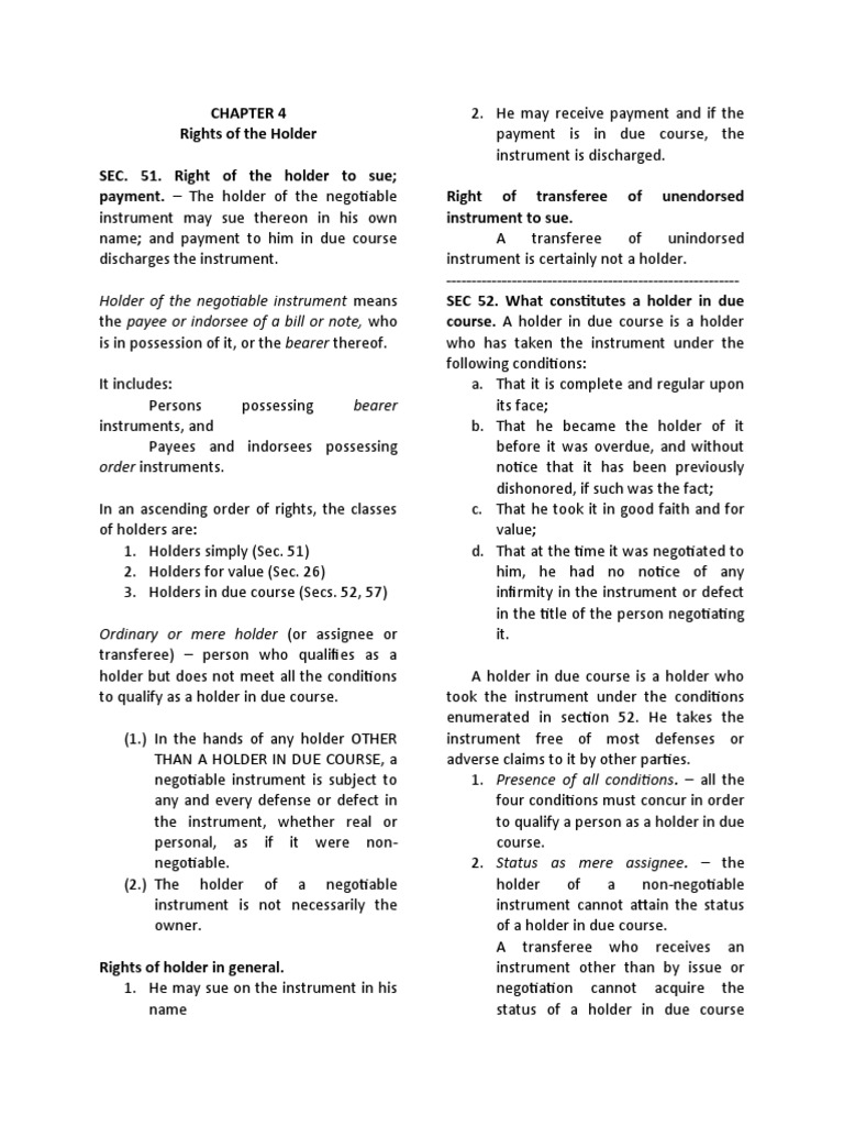 Rights, Defenses, and Obligations of Various Parties in Negotiable Instruments | PDF ...