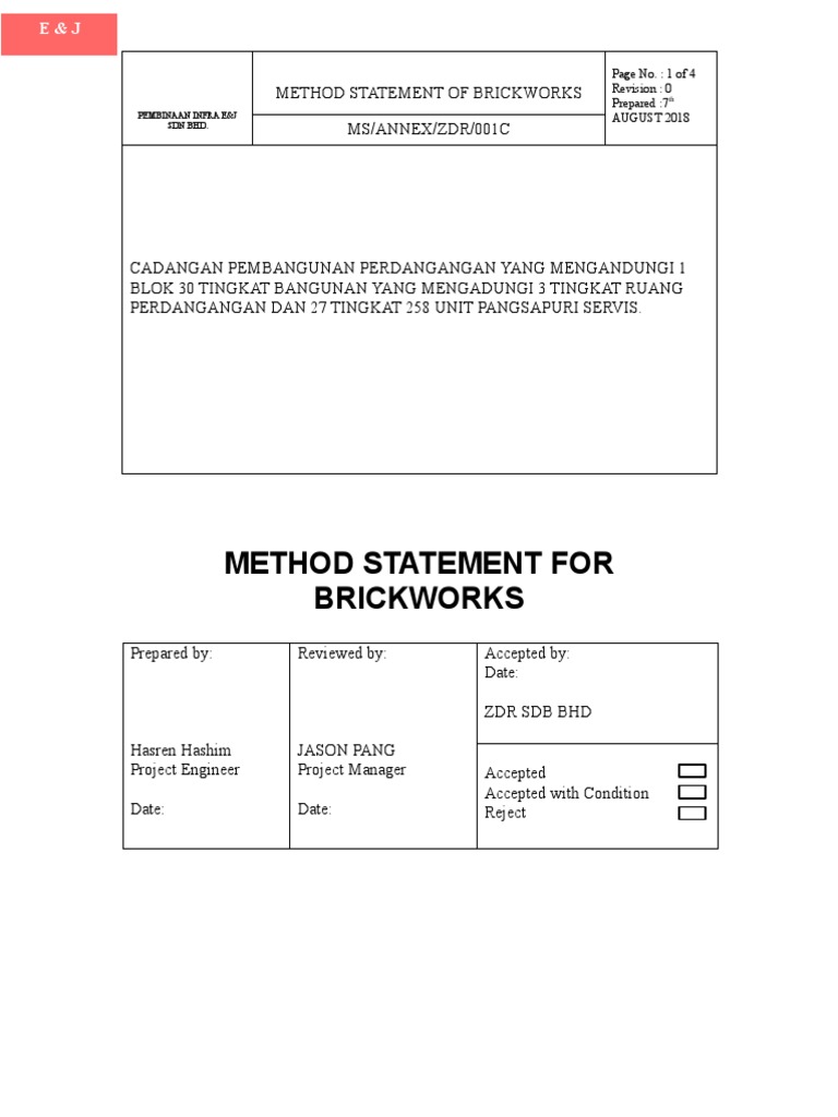 Method Statement For Brickworks: Pembinaan Infra E&J SDN BHD | PDF ...