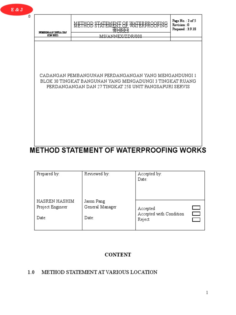 Method Statement of Waterproofing Works: E & J E & J | Download Free ...
