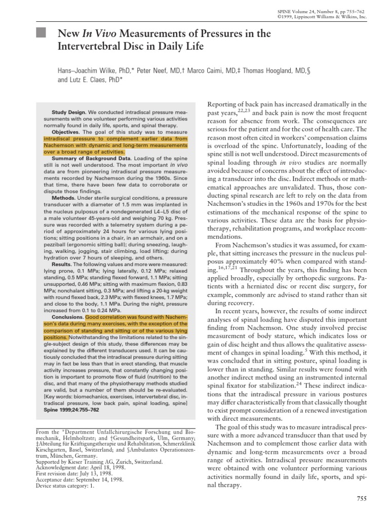 New in Vivo Measurements of Pressures in The Intervertebral Disc in ...