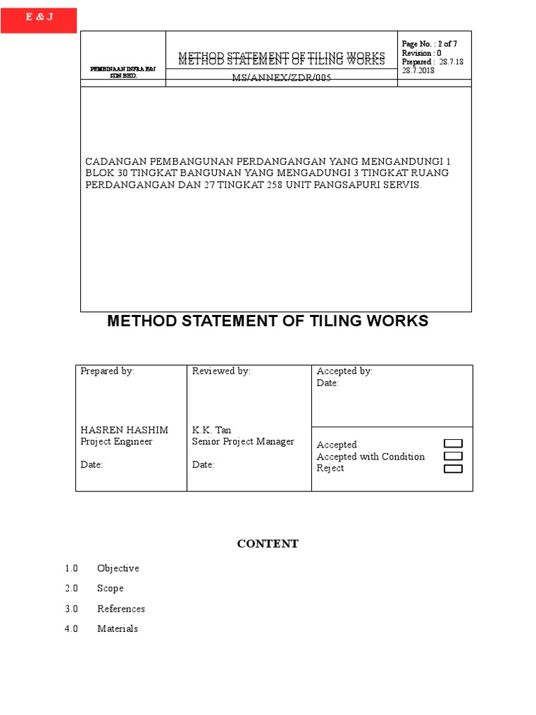 Method Statement of Tiling Works: Content | PDF | Tile | Personal ...