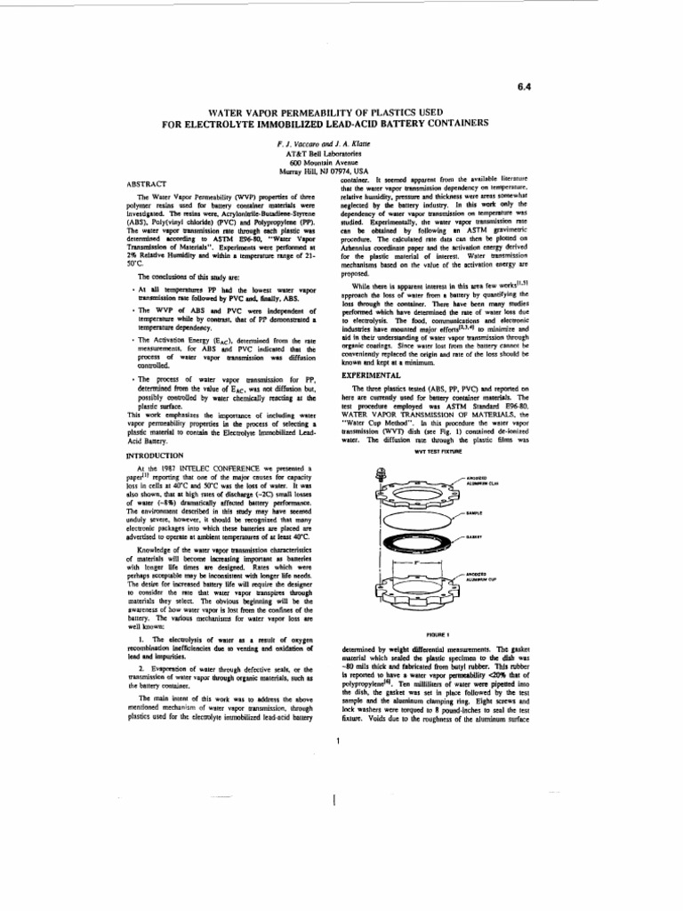 Water Vapor Permeability of Plastics Used For Electrolyte Immobi | PDF ...