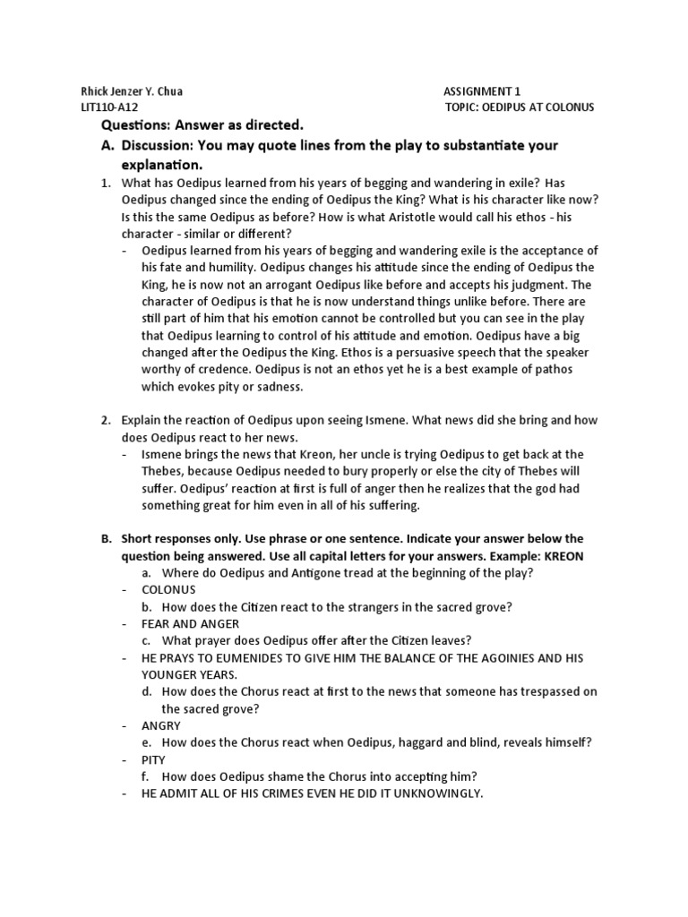 Assignment 1 - Oedipus at Colonus | PDF | Oedipus | Psychological Concepts