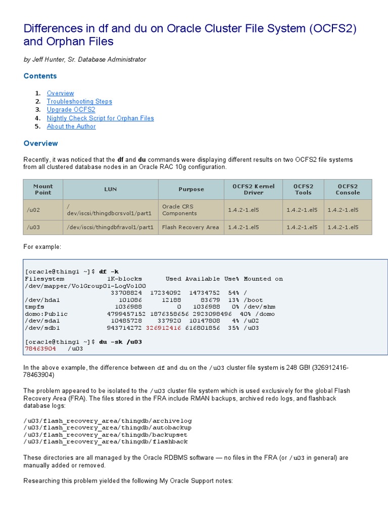 Differences in DF and Du On Oracle Cluster File System (OCFS2) and Orphan Files | PDF | File ...