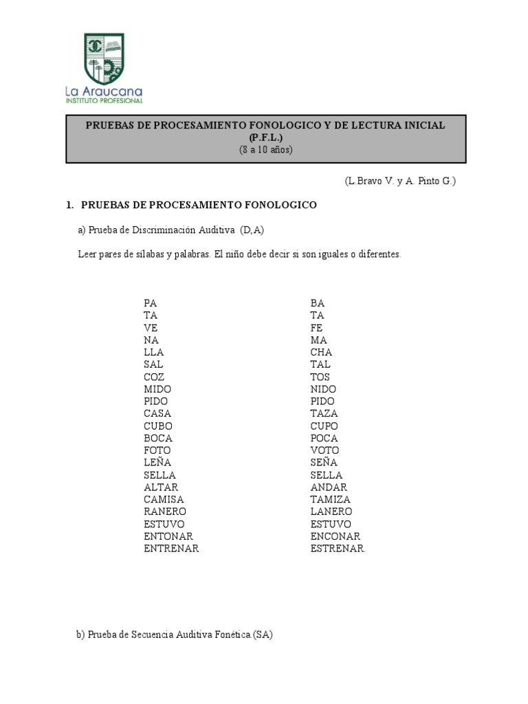 Pruebas de Procesamiento Fonologico y Lectura Inicial | PDF | Voz ...