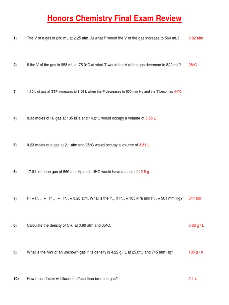 Honors Chem Final - Review - KEY PDF | PDF | Liquids | Evaporation