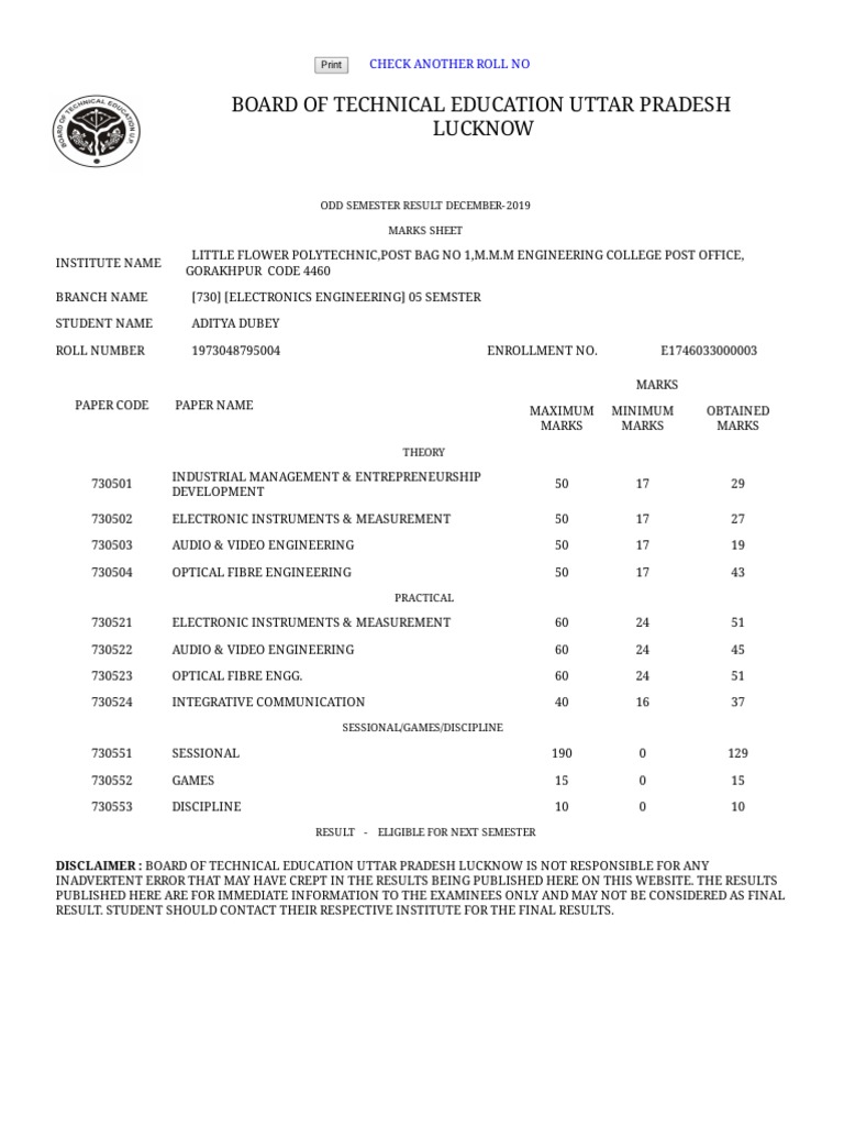 Board of Technical Education Uttar Pradesh Lucknow: Check Another Roll ...