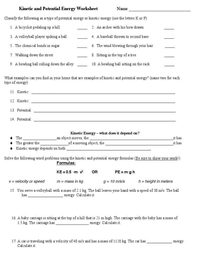 Kinetic and Potential Energy Worksheet Name - PDF | PDF | Kinetic ...