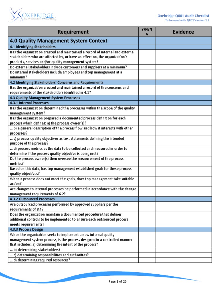 Oxebridge Q001 Audit Checklist | PDF | Calibration | Verification And ...