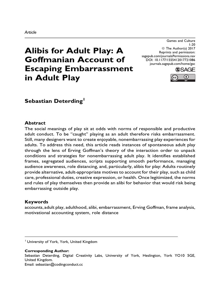 Alibis For Adult Play A Goffmanian Accou PDF | PDF | Identity (Social ...