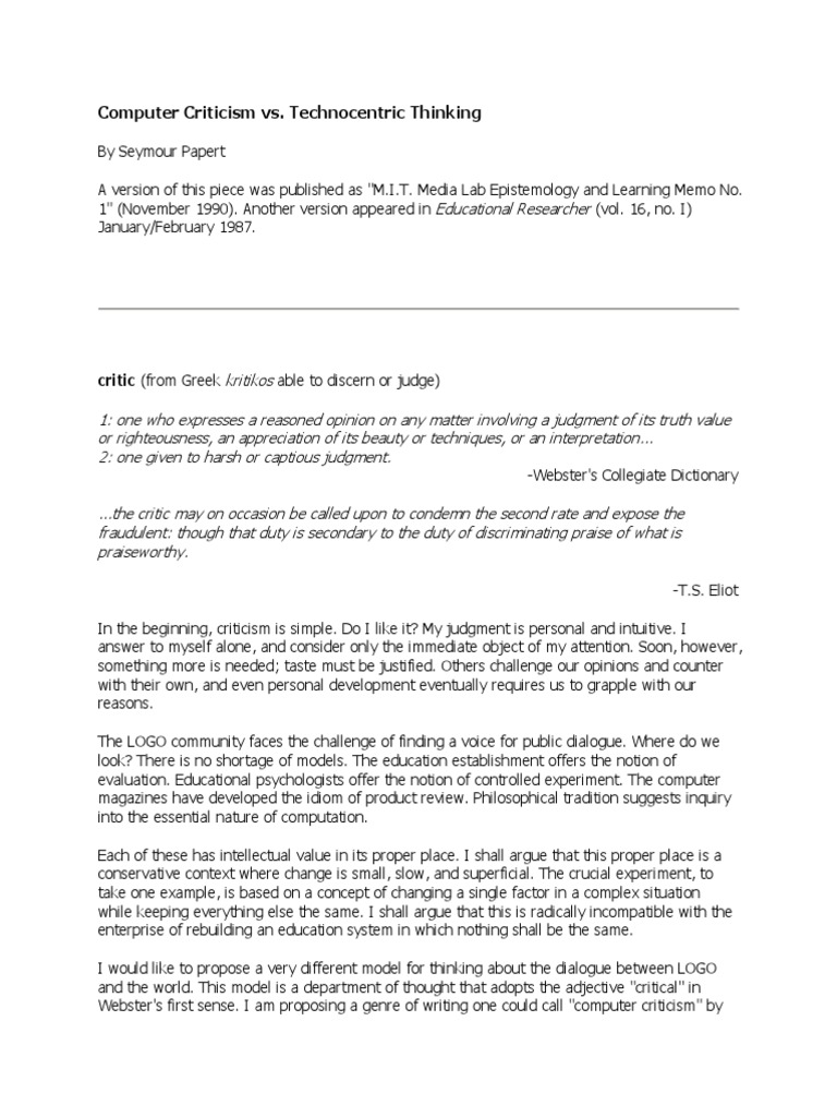 Beyond Technocentrism: Toward Computer Criticism as a Framework for ...
